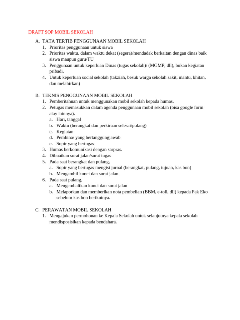 SOP Penggunaan Mobil Sekolah | PDF