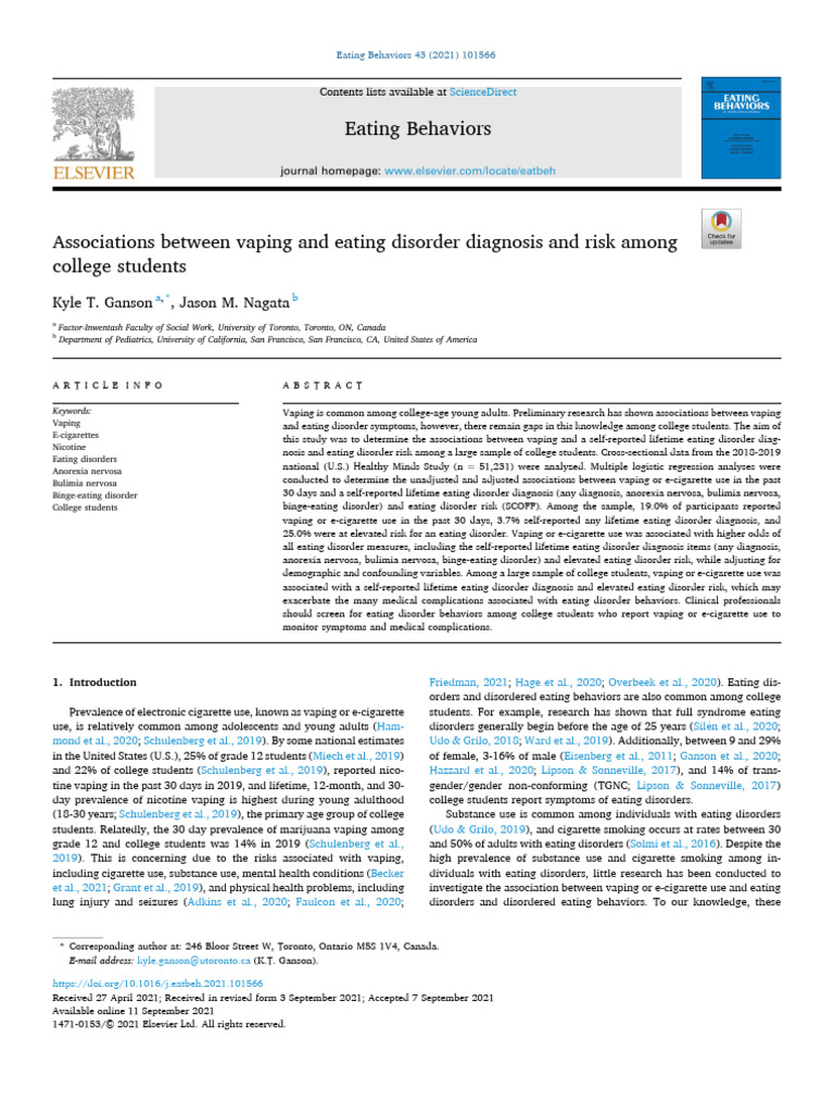 (A06) Associations Between Vaping and Eating Disorder Diagnosis and ...