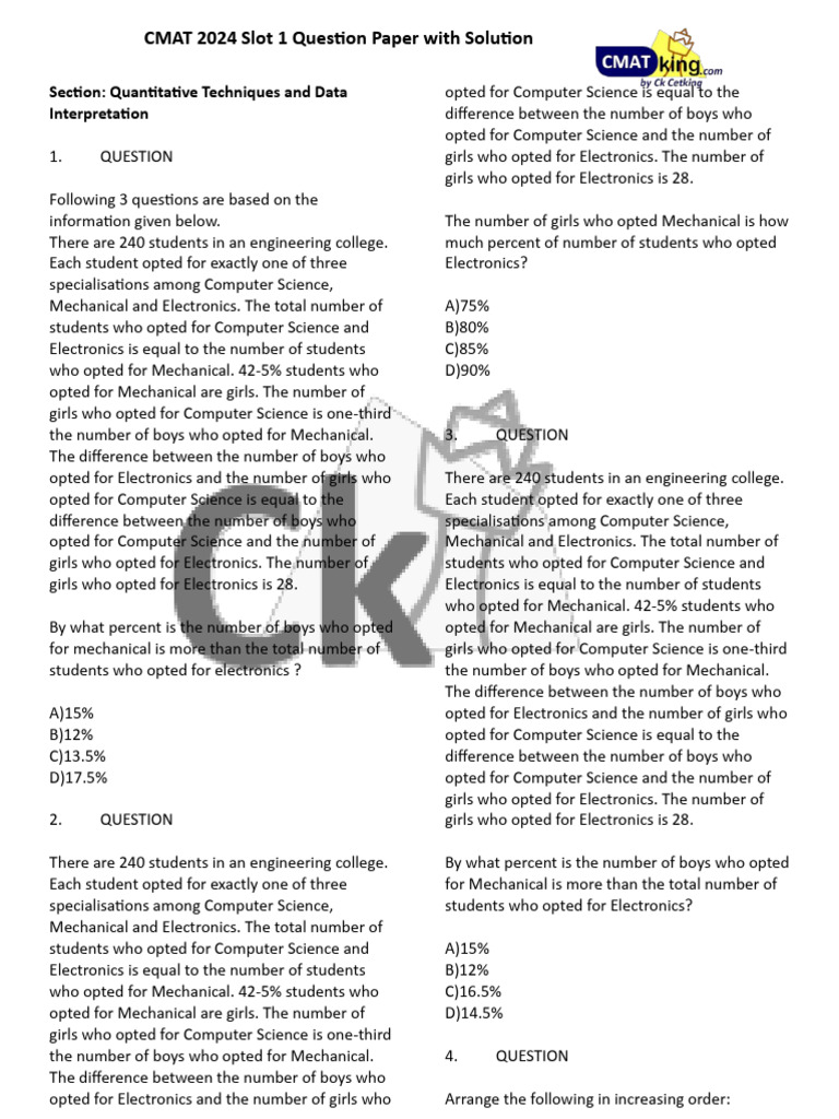 CMAT 2024 Slot 1 Question Paper With Solutions | PDF