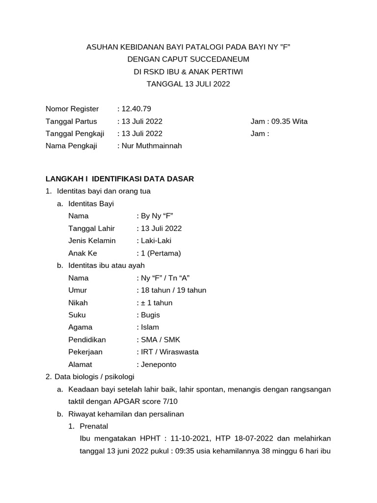 Asuhan Kebidanan Nur Mutmainnah Caput Succedaneum 13 Juli 2022 | PDF