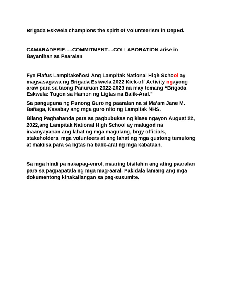 Brigada Eskwela Champions The Spirit of Volunteerism in DepEd | PDF