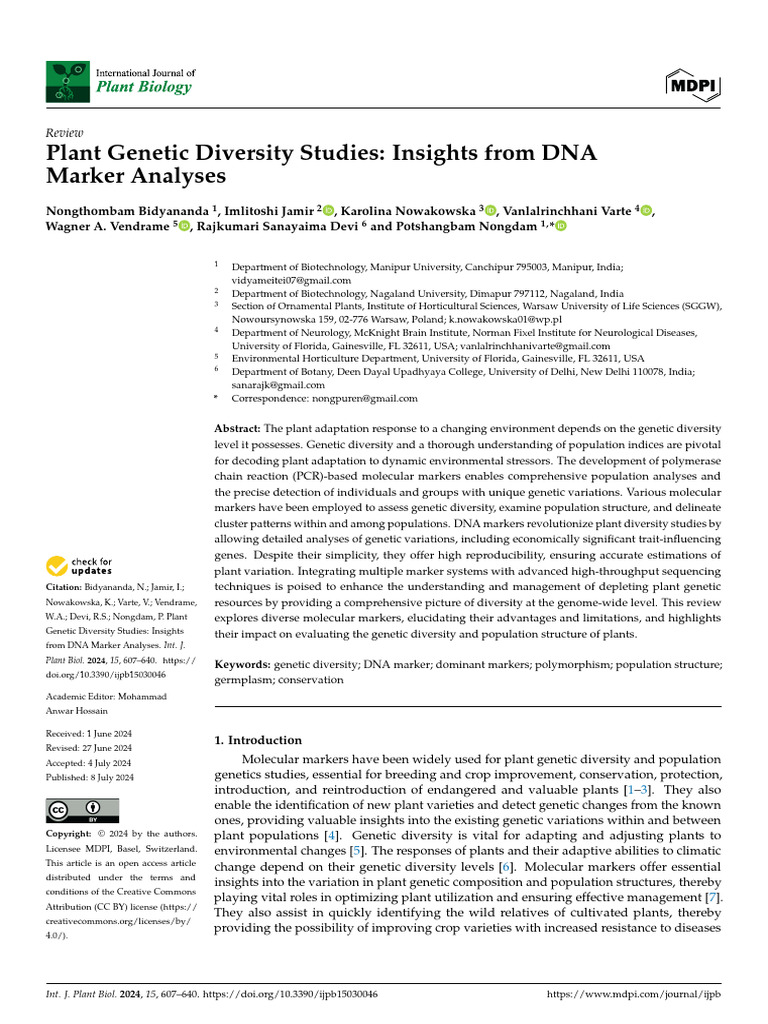 Plant Genetic Diversity Studies: Insights from DNA Marker Analyses ...