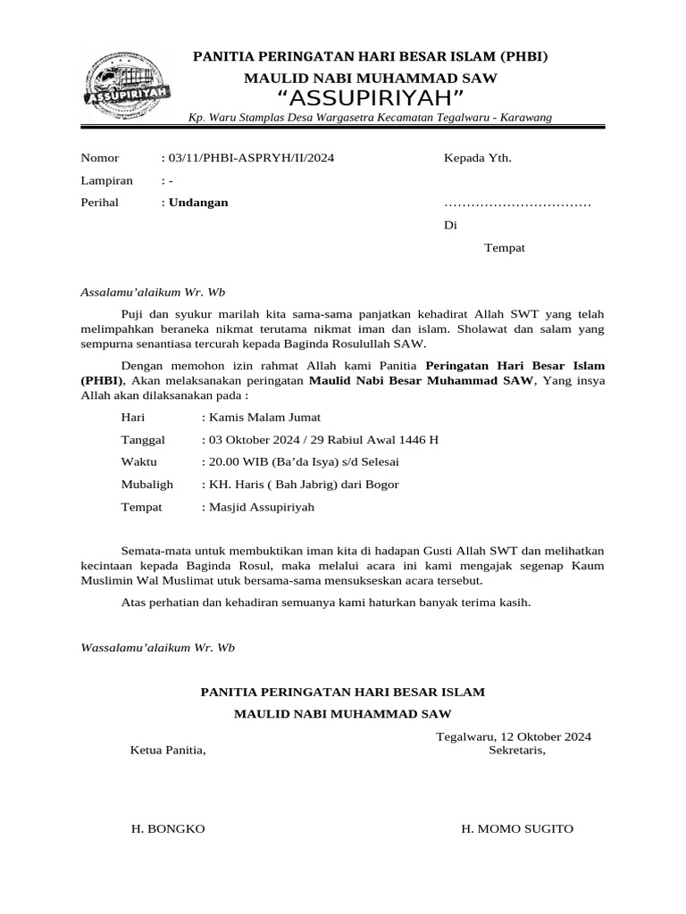 Undangan Peringatan Maulid Nabi 2024 | PDF