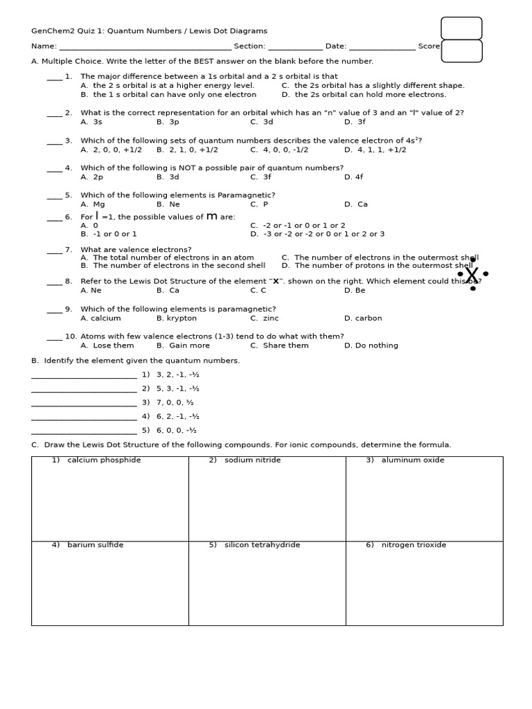 Quantum Numbers and Lewis Structures Quiz | PDF | Atomic Orbital ...