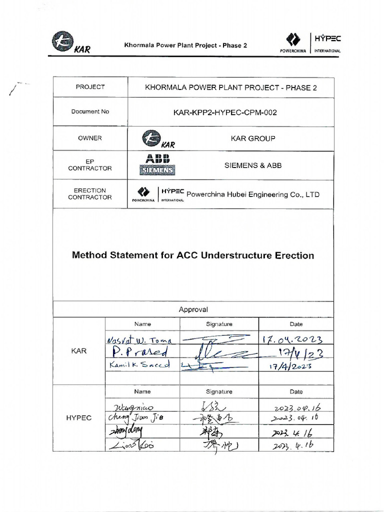 KAR-KPP2-HYPEC-CPM-002 Method Statement for Acc Understructure Erection 空冷岛底部钢结构安装方案 | PDF