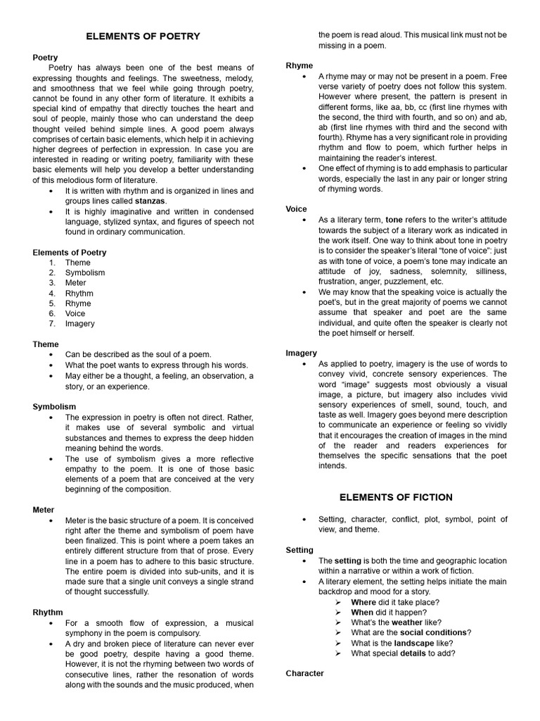 PHILIT Elements of Poetry and Fiction | PDF | Narration | Poetry