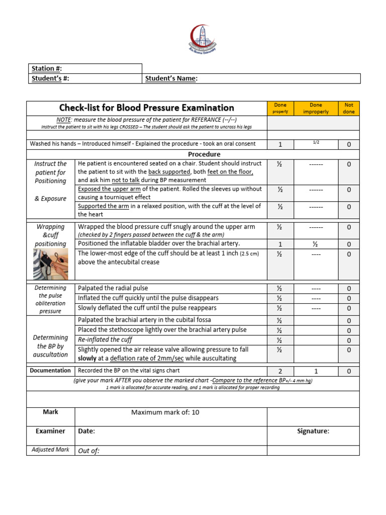 Blood Pressure Exam Checklist | PDF | Pulse | Physiology