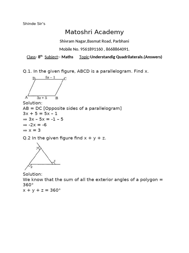 8th Maths Quadrilateral Worksheet Answers Key | PDF | Rectangle | Elementary Geometry