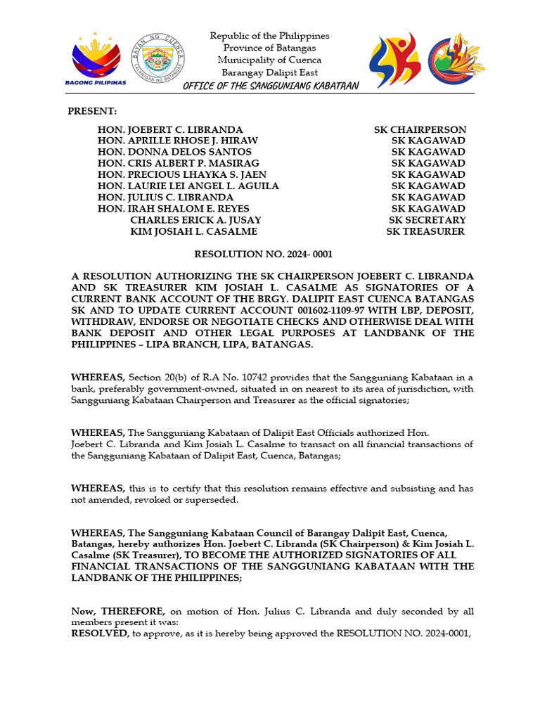 SK Resolution No. 2024 - 0001 | PDF | Youth Organizations | Youth