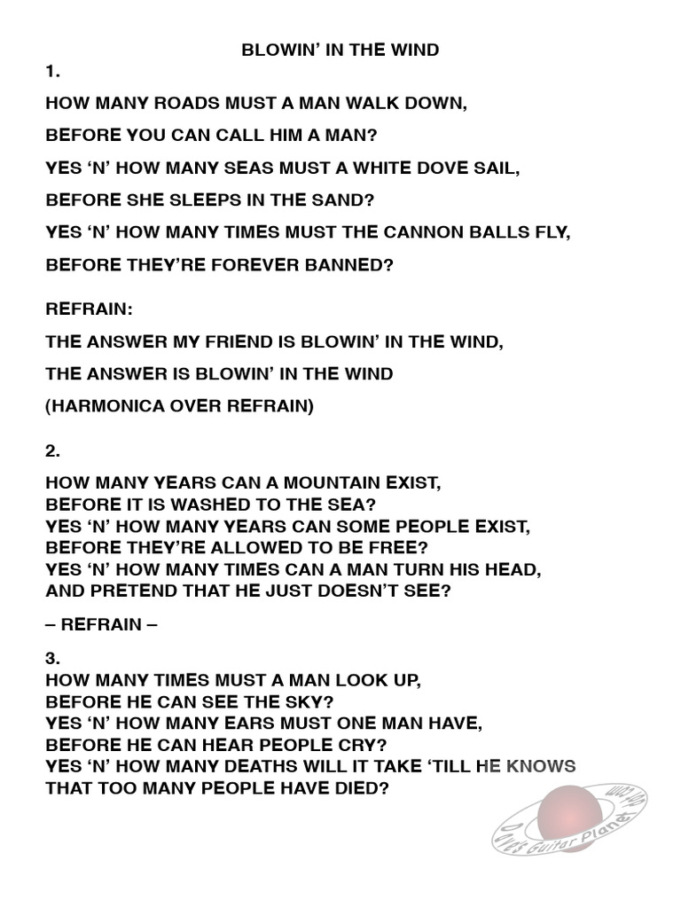 Lyrics to "Blowin' in the Wind" | PDF