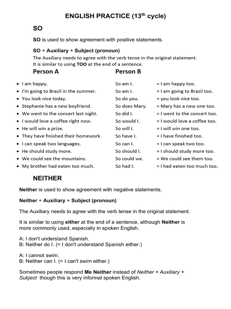 So Do I / Neither Do I Exercises | PDF | Verb | English Language