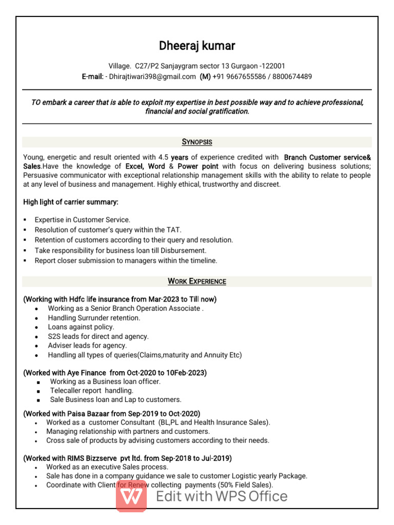 Dheeraj Resume May | PDF | Business | Financial Services