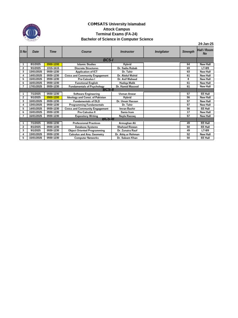 Terminal Exam Date Sheet FA24 Final New | PDF | Mathematical Analysis | Ordinary Differential ...