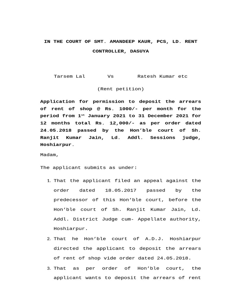 App For Deposit Arrears of Rent of Tarsem Lal Vs Ratesh Kumar | PDF