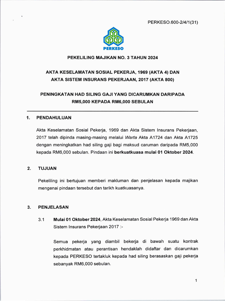 Pekeliling Majikan No. 3 Tahun 2024 - (Peningkatan Had Siling Gaji Yang Dicarumkan Daripada RM5K ...