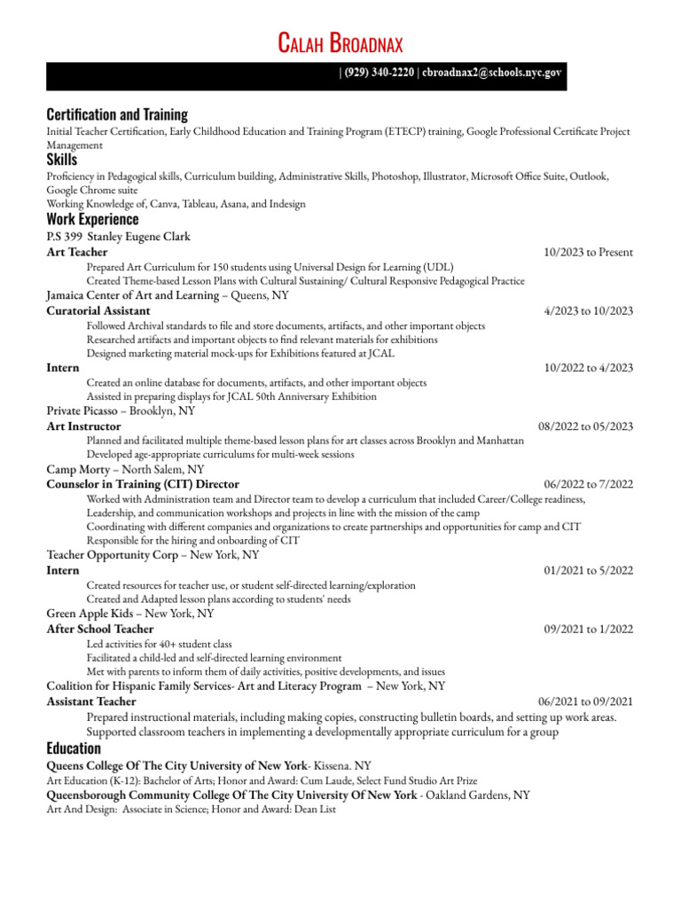 Calah Resume 2024 | PDF | Teachers | Learning