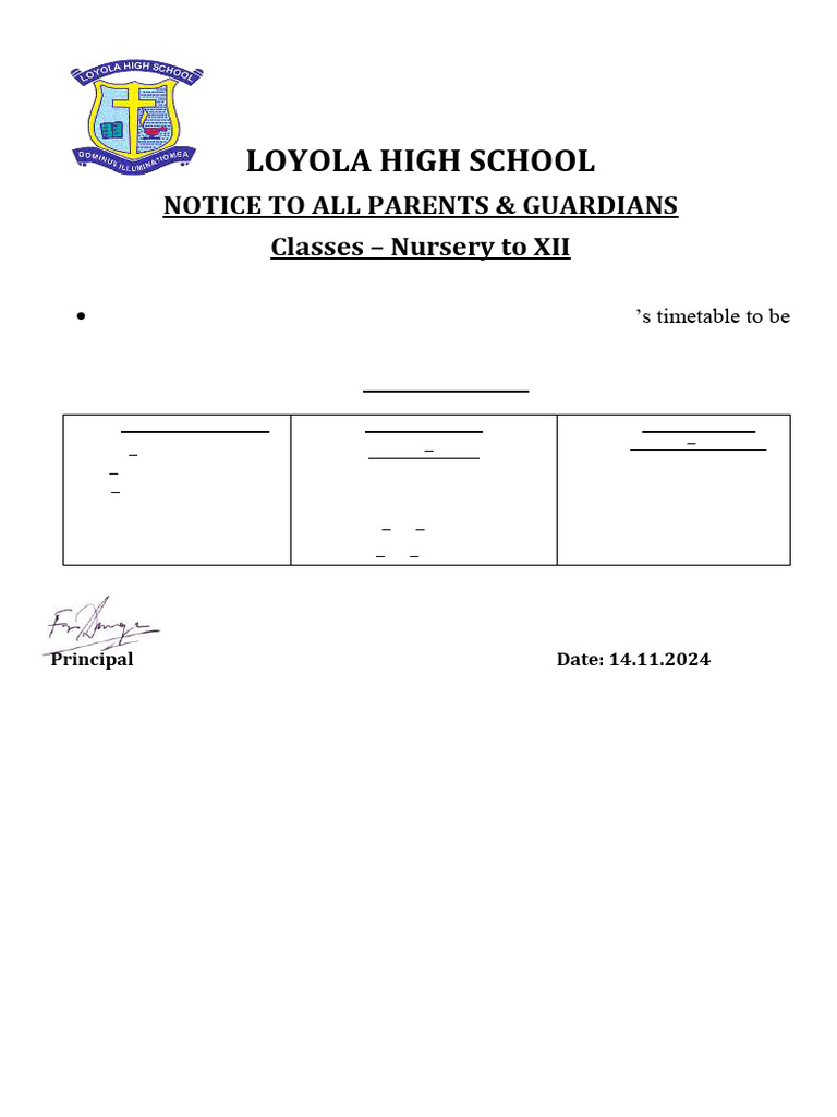 Loyola High School Class Timings Notice | PDF