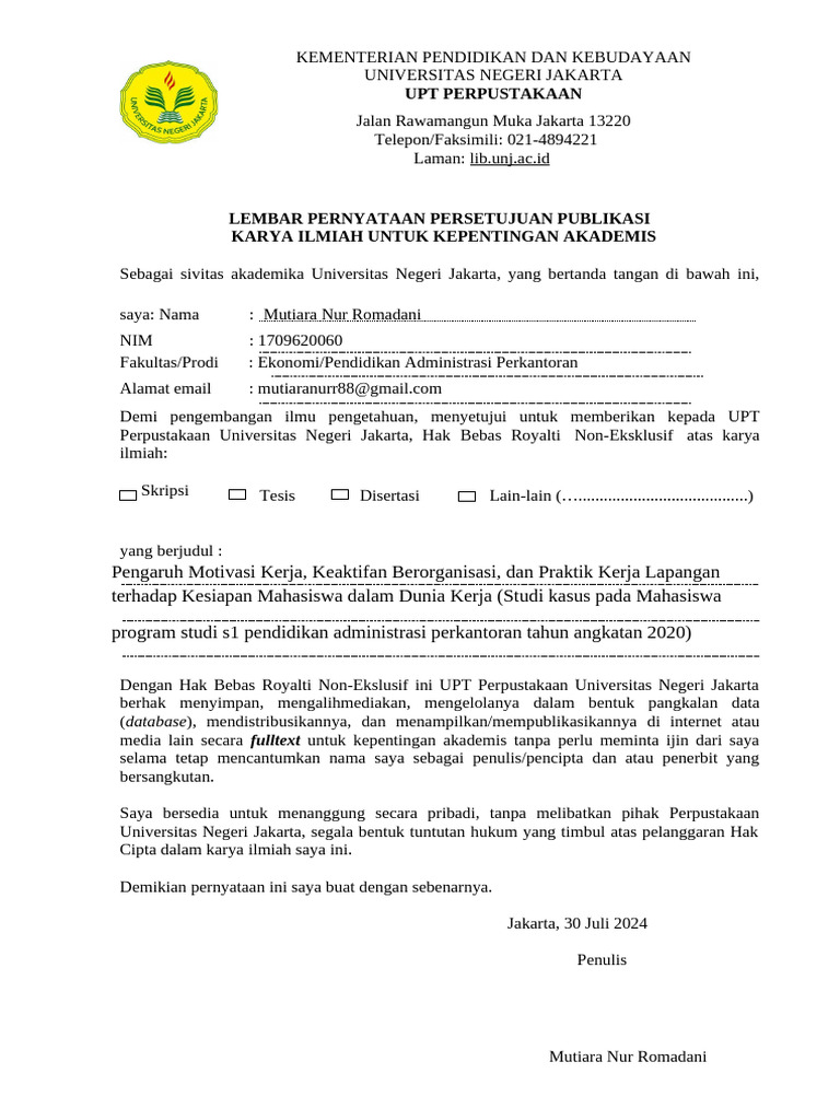 Persetujuan Publikasi Karya Ilmiah UNJ | PDF