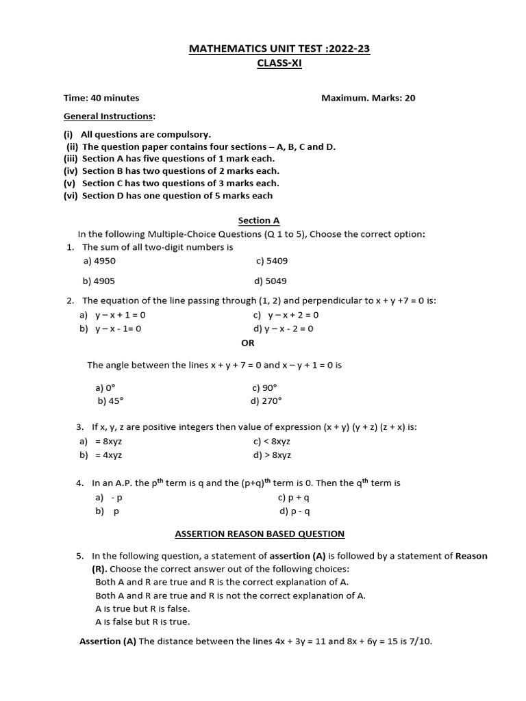 S6 - Math - Unit Test 2022-23 | PDF | Line (Geometry) | Euclidean Geometry