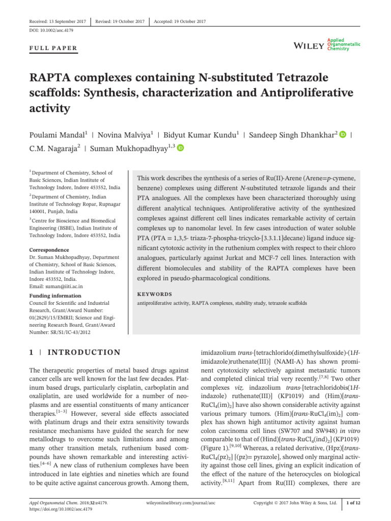 Applied Organom Chemis - 2017 - Mandal - RAPTA Complexes Containing N ...