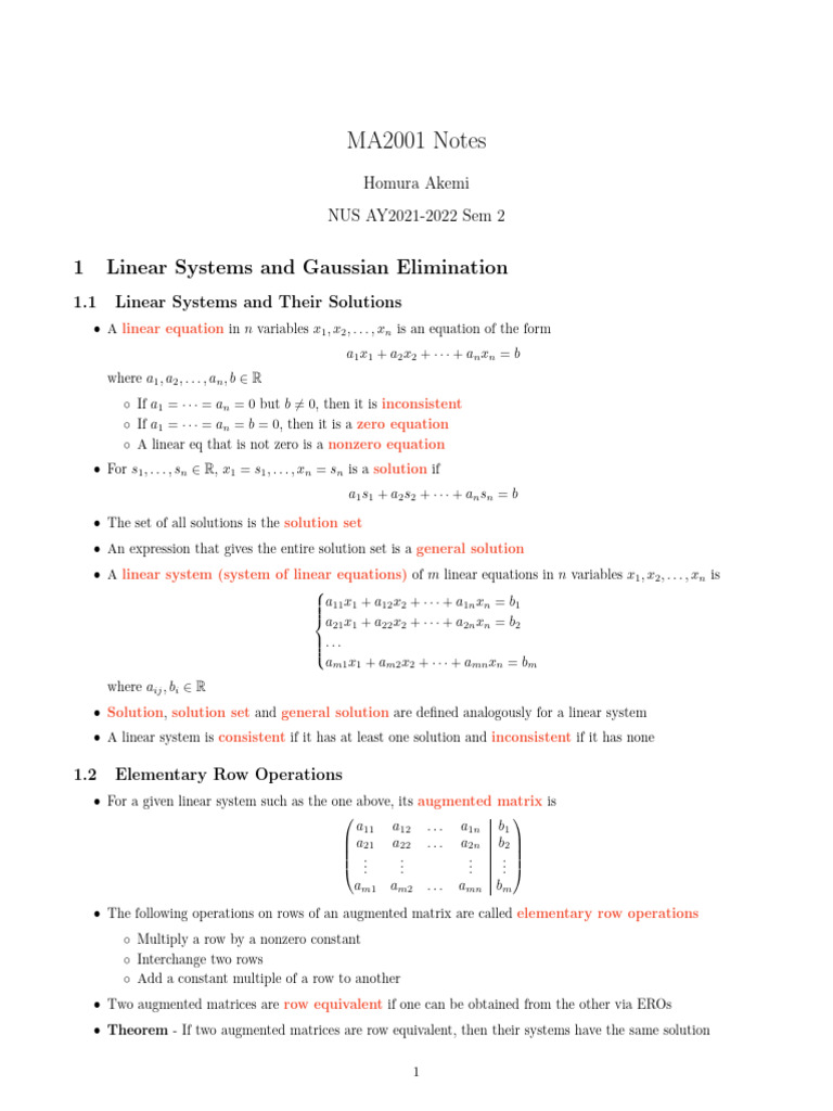 MA2001 Homura's Notes | PDF | Matrix (Mathematics) | Basis (Linear Algebra)