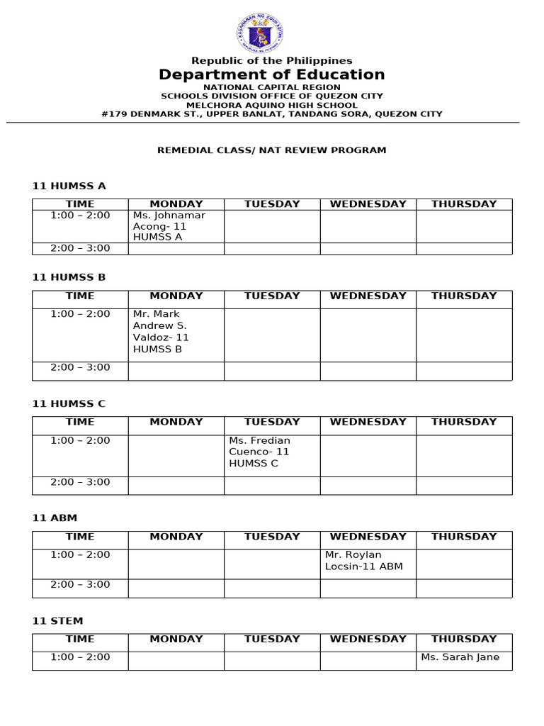 Melchora Aquino High School Remedial Classes | PDF | Philippines