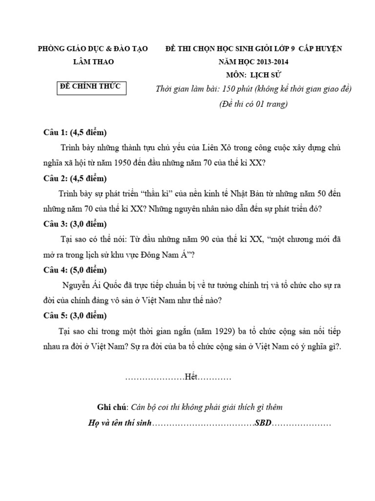 Tailieuxanh de Thi Hoc Sinh Gioi Lop 9 Mon Lich Su Nam 2013 2014 Huyen Lam Thao 4908 | PDF