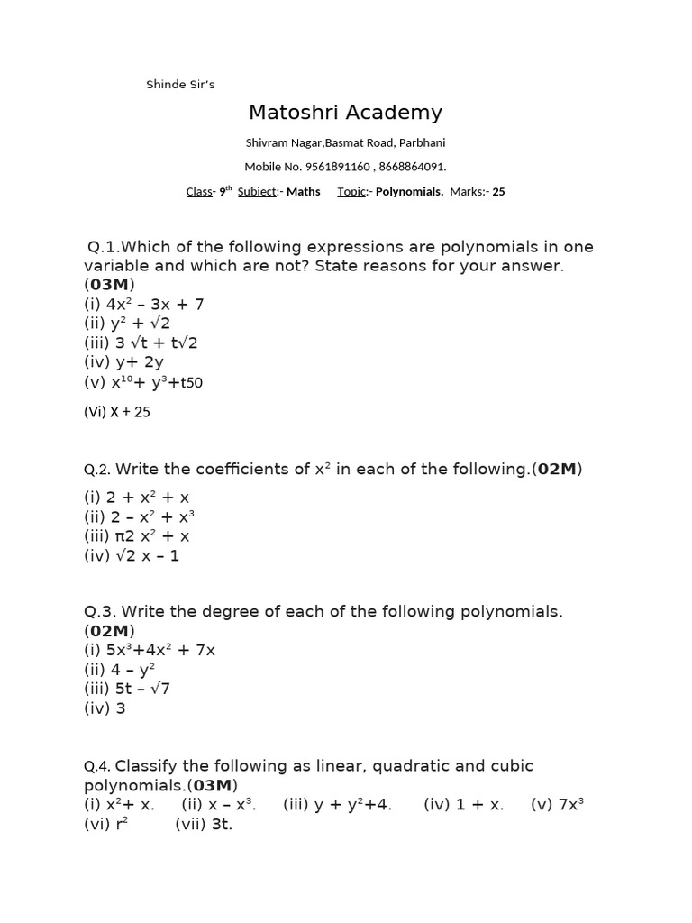 9th Polynomials Ncert 2.1, 2.2. | PDF