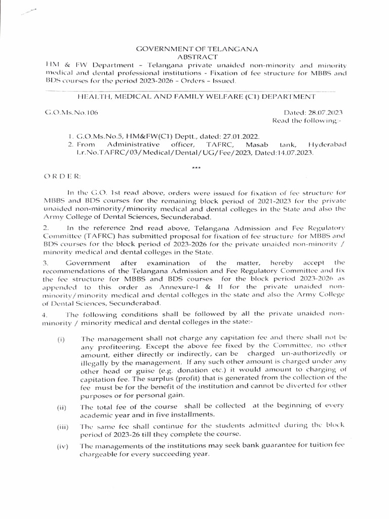 Telangana Mbbs Bds Fee Gos - 2024 | PDF | Dental Degree | Educational Stages