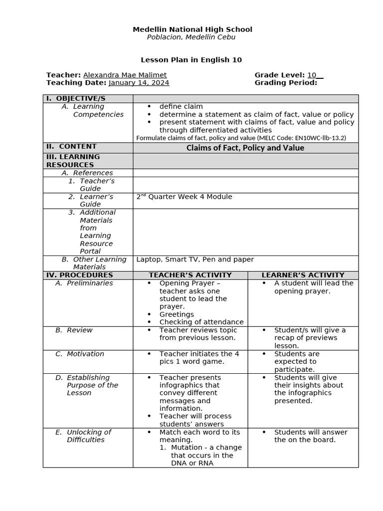 Lesson Plan in Claims of Fact and Opinion | PDF | Teachers | Learning