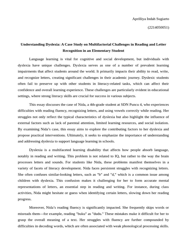 10 Aprilliya Indah S 2214050051 Uas Essay Psycholinguistic | PDF | Dyslexia | Literacy