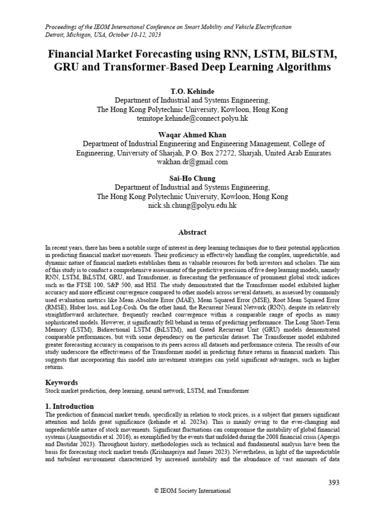 Financial Market Forecasting Using RNN, LSTM, BiLSTM, GRU and Transformer-Based Deep Learning ...