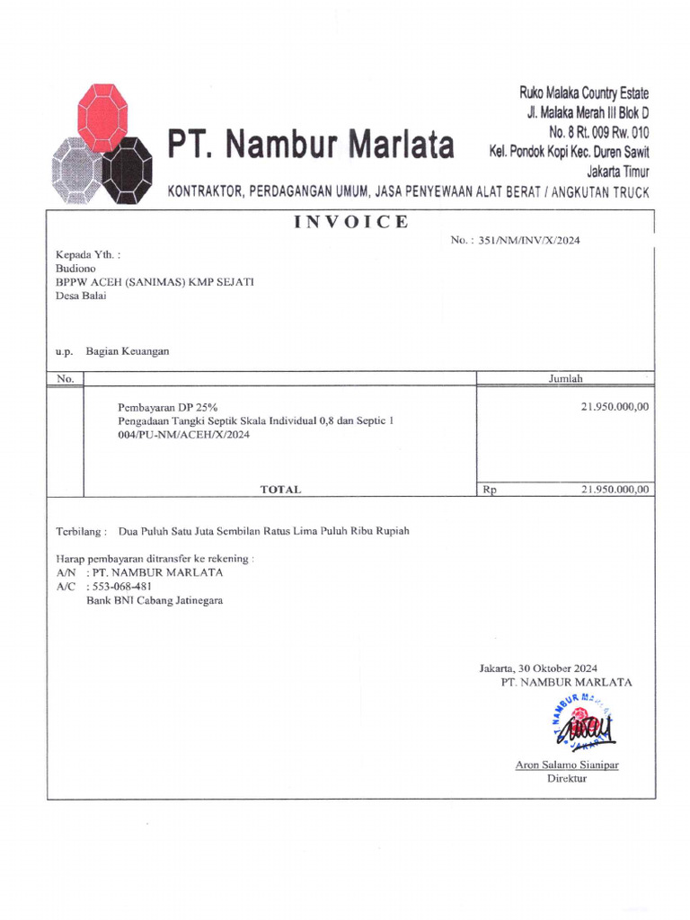 Invoice Dan Kwitansi - BPPW Aceh (Sanimas) - KMP Sejati | PDF