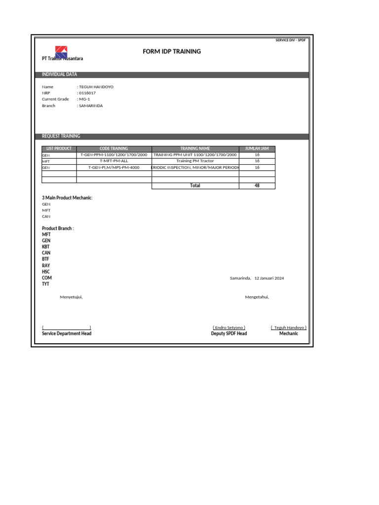 Form IDP Training Mekanik - Teguh Handoyo | PDF