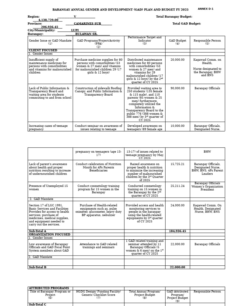Barangay Annual Gender and Development Plan 2025 | PDF | Health Care