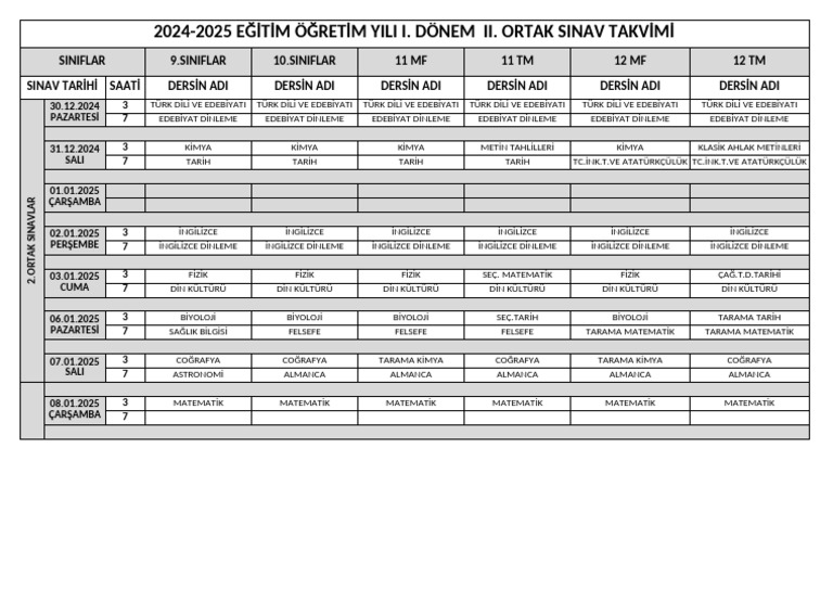 Ortak Sinav Takvi̇mi̇ 09.12.2024 | PDF