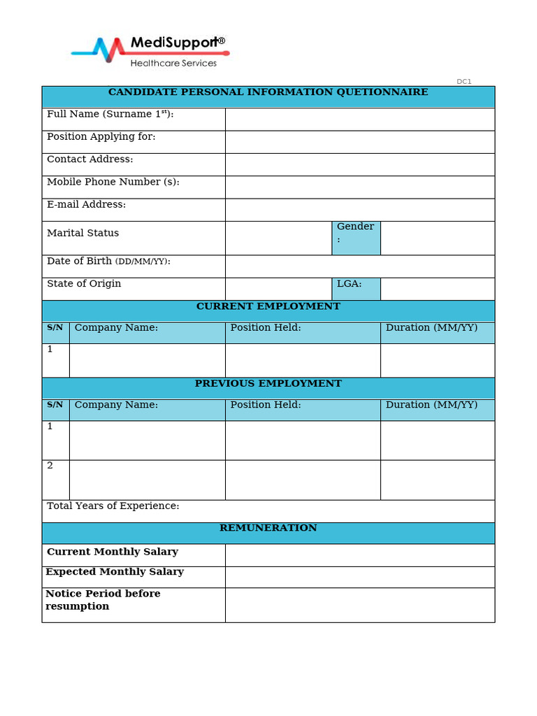 Candidate Personal Information Questionnaire General | PDF