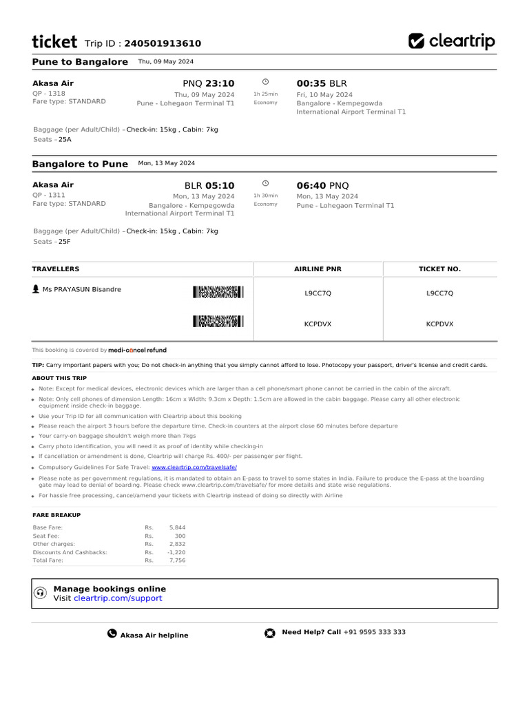 Cleartrip Flight Domestic E-Ticket | PDF | Aviation | Identity Document