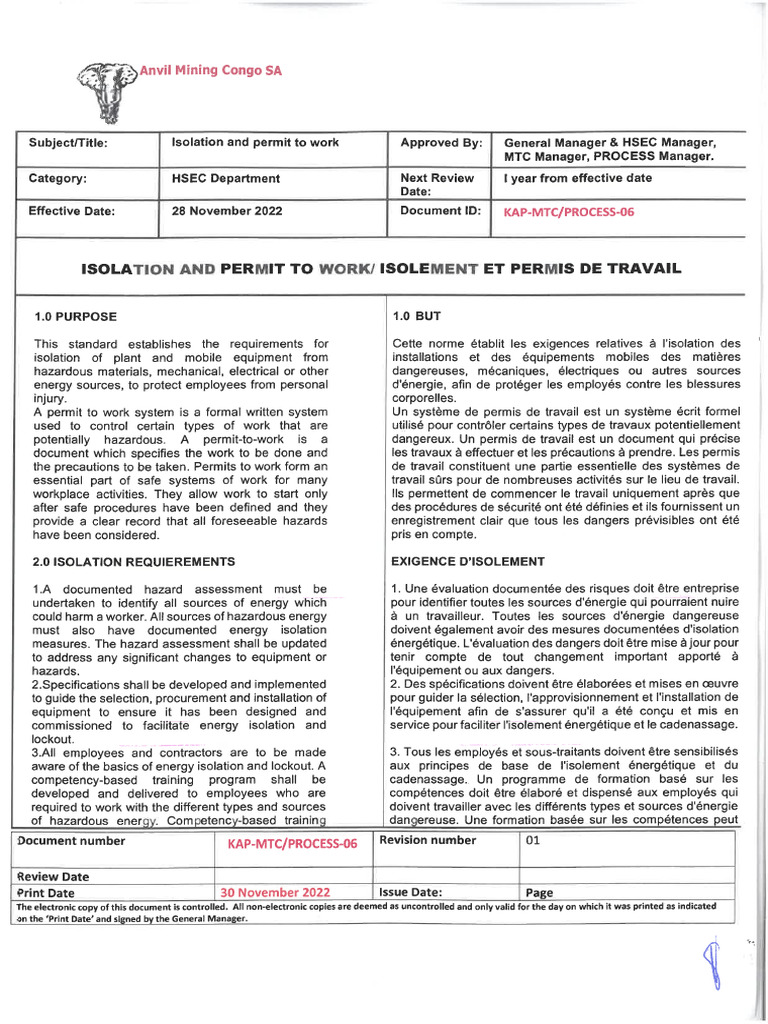 Isolation and Permit to Work | PDF