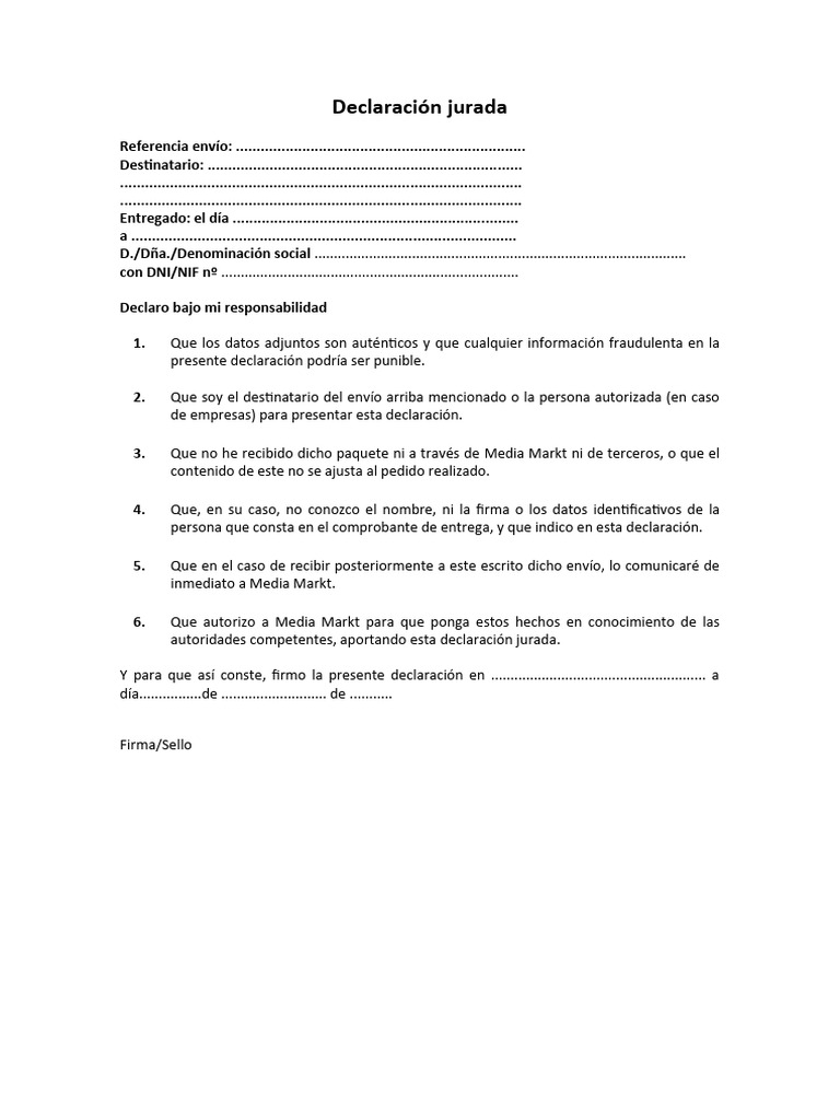 Declaraci N Jurada Mediamarkt 1 | PDF