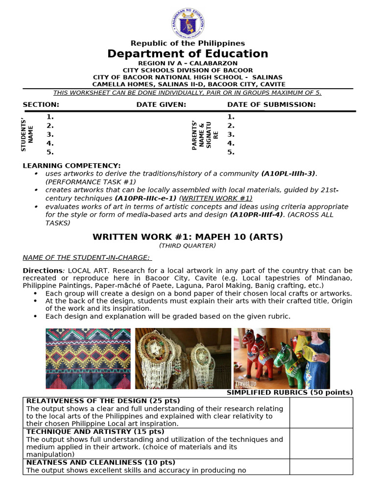 MAPEH 10 Arts Performance Tasks Guide | PDF | Cognition