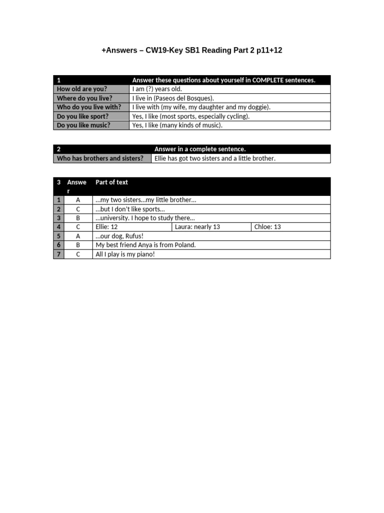 +answers - CW19-Key SB1 Reading Part 2 p11+12 | PDF
