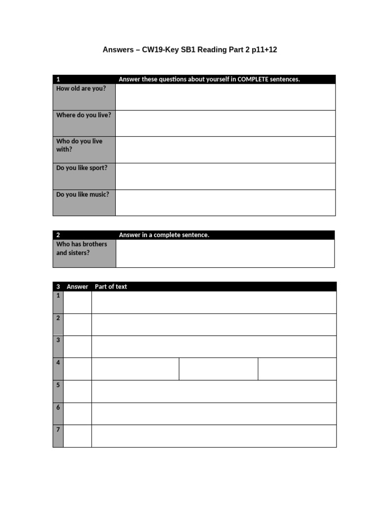 Answers - CW19-Key SB1 Reading Part 2 p11+12 | PDF