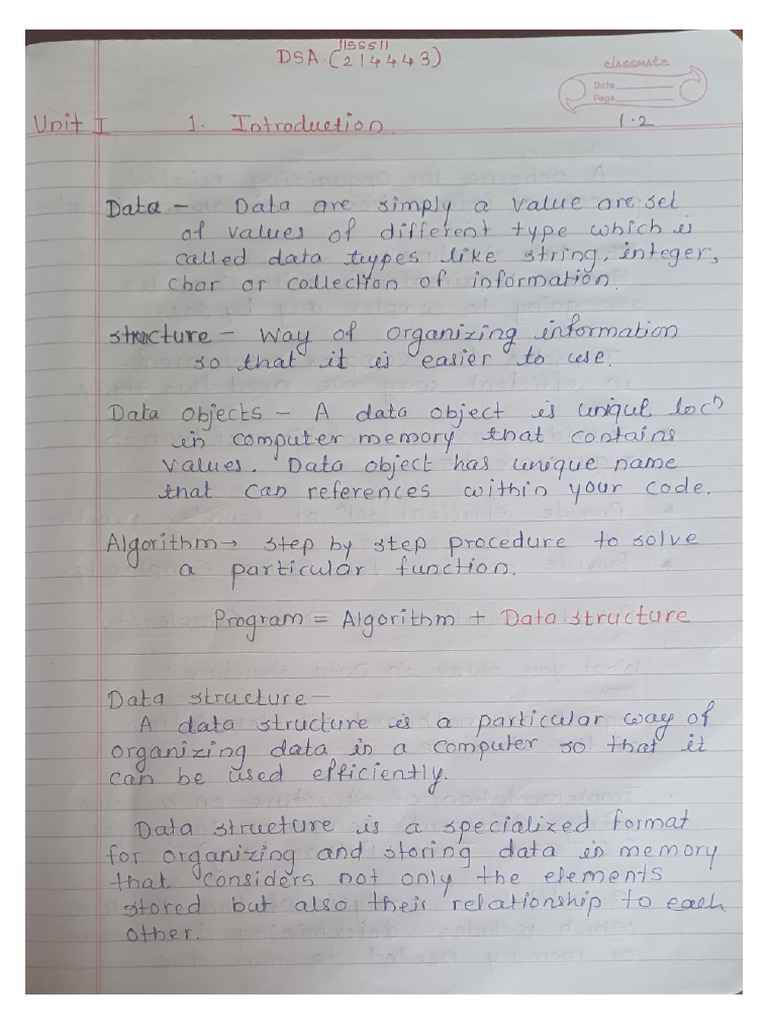 DSA UNIT 1 handwriten nodes | PDF
