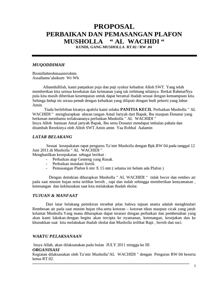 Proposal Pembuatan Plafon Musholla AL WACHIDI | PDF