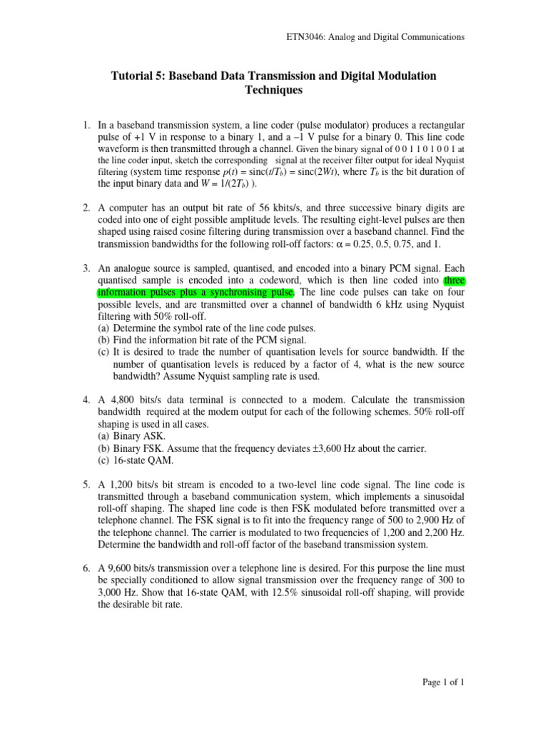 ETN3046-Tutorial 5-Question | PDF | Modulation | Bit Rate
