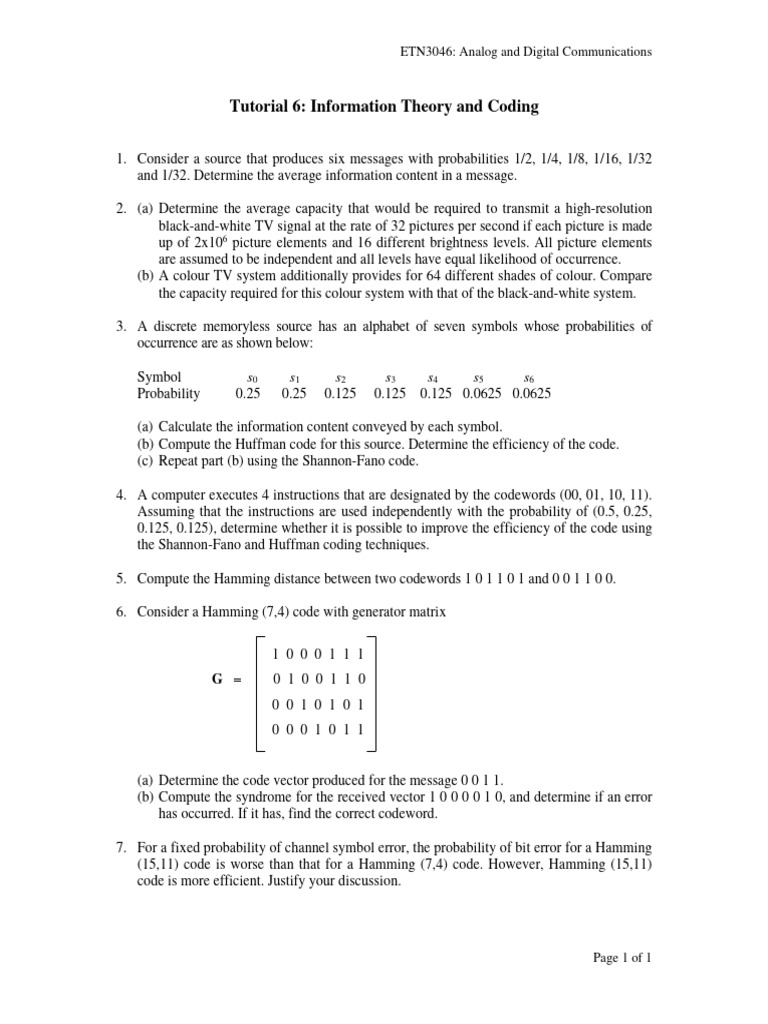 ETN3046 Tutorial 6 Question | PDF | Discrete Mathematics | Encodings