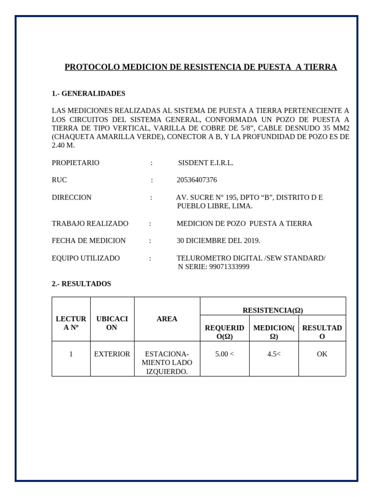 Medición de Resistencia de Tierra en Plasencia | PDF