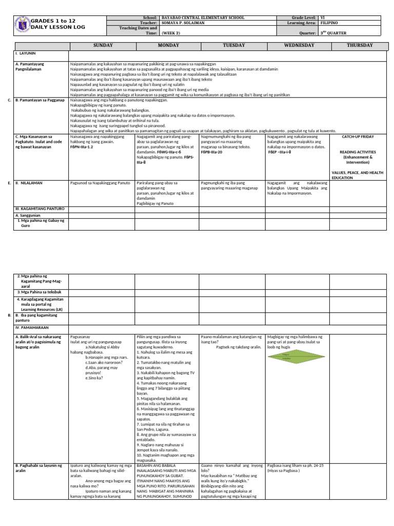 Dll Filipino 6 q3 w2 | PDF