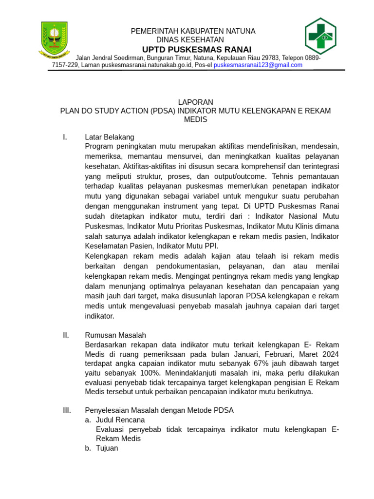 LAPORAN PDSA Indikator Pengisian Rekam Medis | PDF